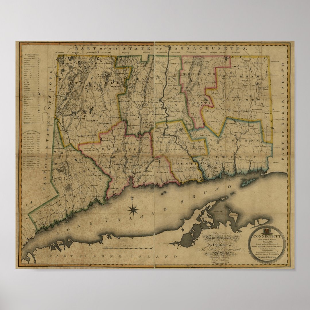 Vintage 1813 Connecticut Map Poster | Zazzle
