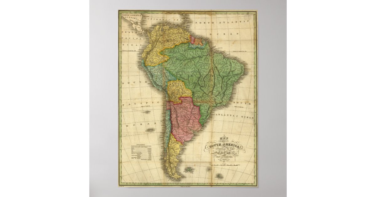 Vintage 1826 South America Map by Anthony Finley Poster | Zazzle