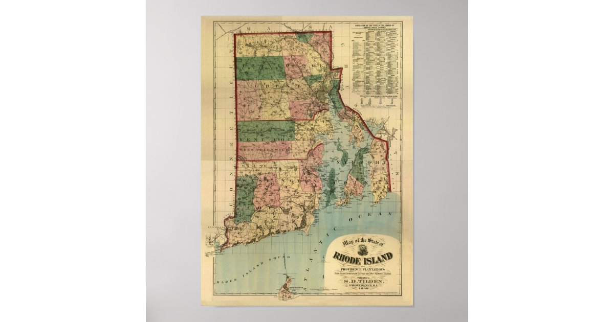 Vintage 1880 Rhode Island Map Poster | Zazzle