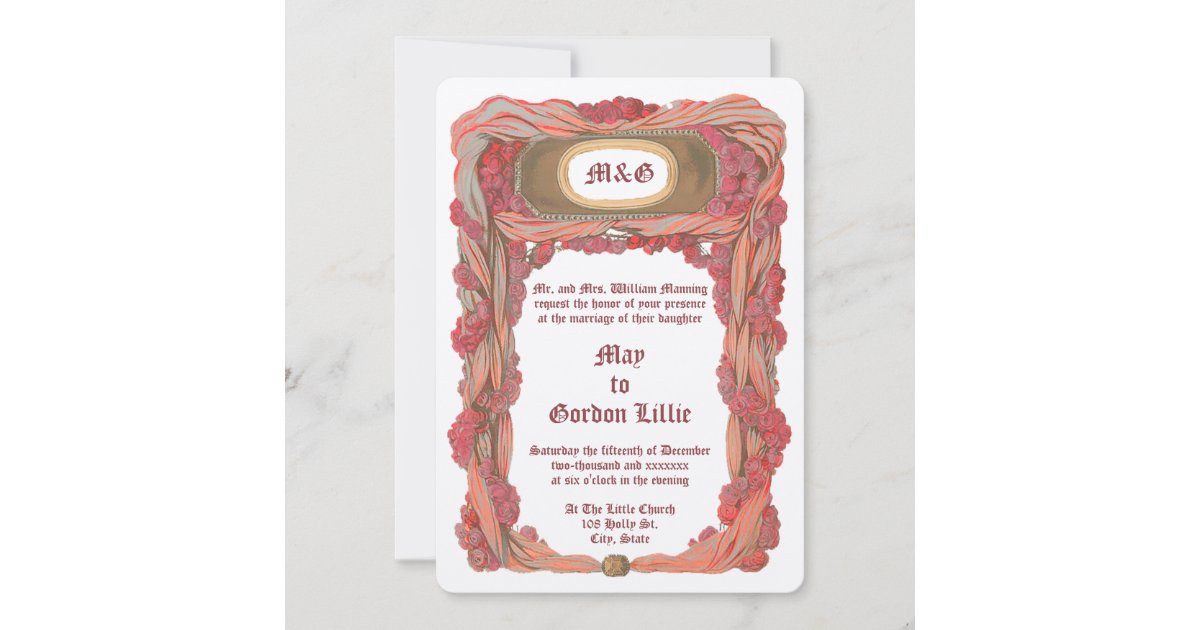 Vintage 1900 Roses & Drapery Floral Border Wedding Invitation | Zazzle
