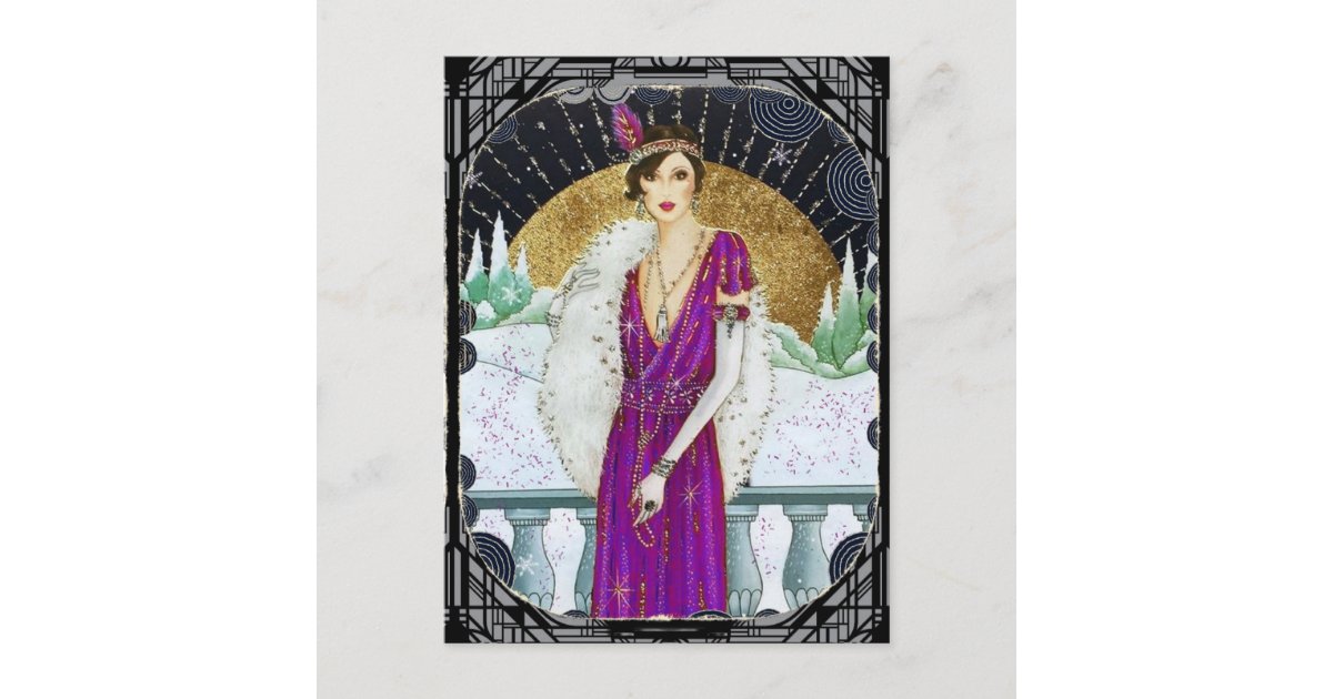 Vintage 1920s Purple Dress Winter Flapper Lady Holiday Postcard | Zazzle