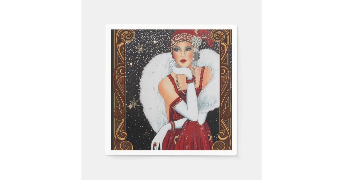 Vintage 1920s Winter Flapper Woman Napkins | Zazzle