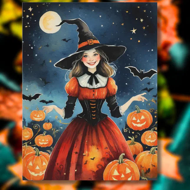 Vintage 1940s Halloween Cute Witch Postcard | Zazzle