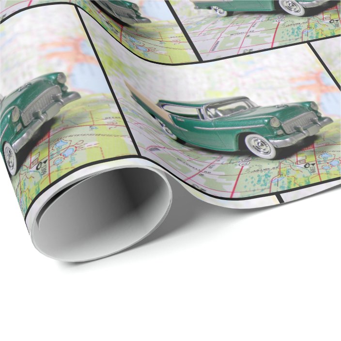 Vintage 1955 car on road map wrapping paper | Zazzle.com