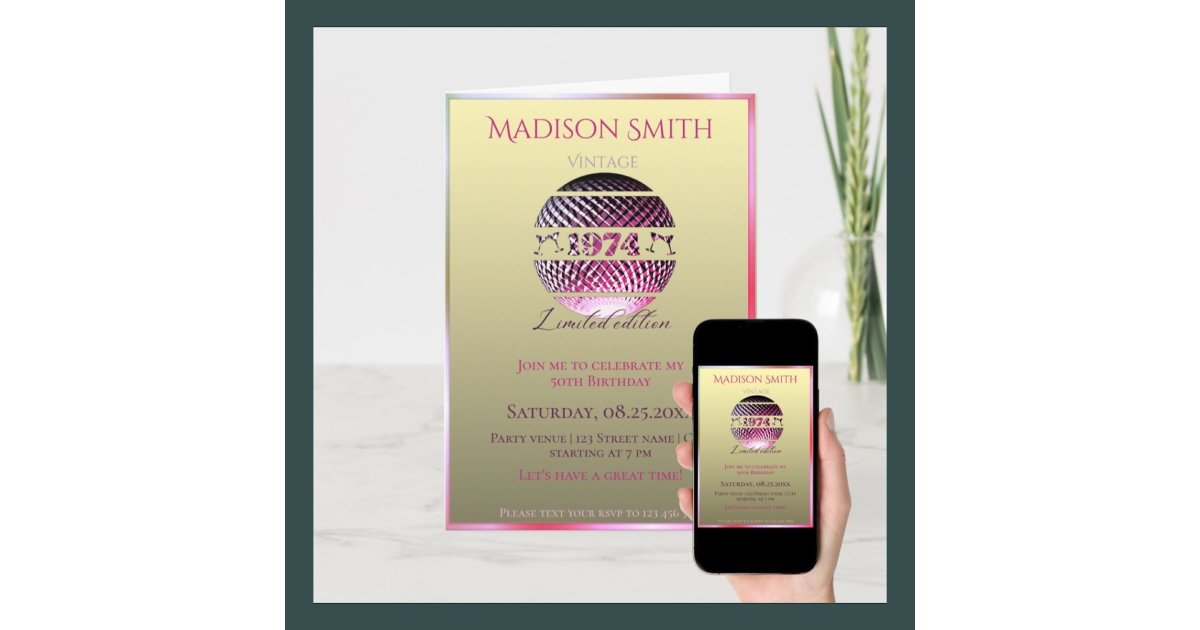 Vintage 1974 birthday invitation pink gold | Zazzle