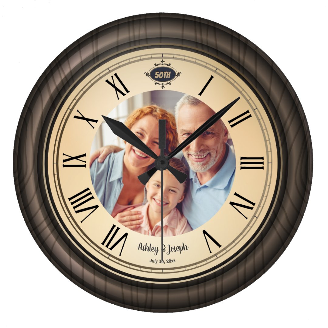 vintage 50th anniversary roman numerals wooden large clock | Zazzle