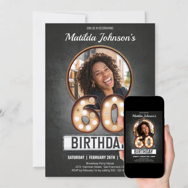 Vintage 60th Birthday Marquee Glamor Custom Photo Invitation | Zazzle