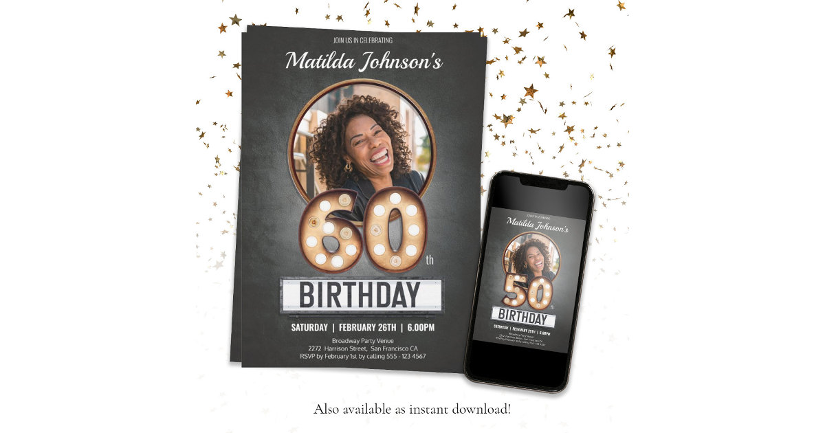 Vintage 60th Birthday Marquee Glamor Custom Photo Invitation | Zazzle
