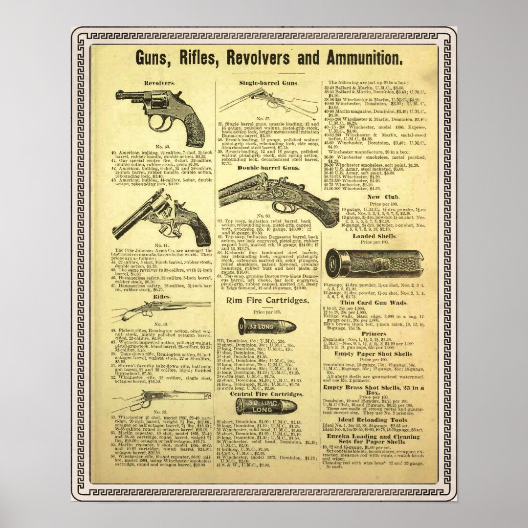 Vintage ad guns, rifles, revolvers and ammunition poster | Zazzle