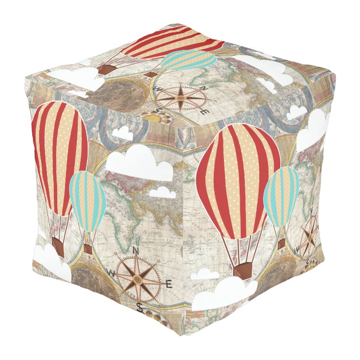 Vintage Adventure World Map Hot Air Balloons Pouf | Zazzle