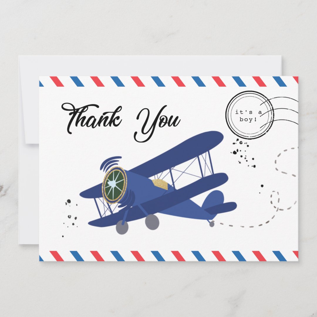 Vintage Aeroplane Plane Blue Baby Shower Thank Yo Thank You Card | Zazzle