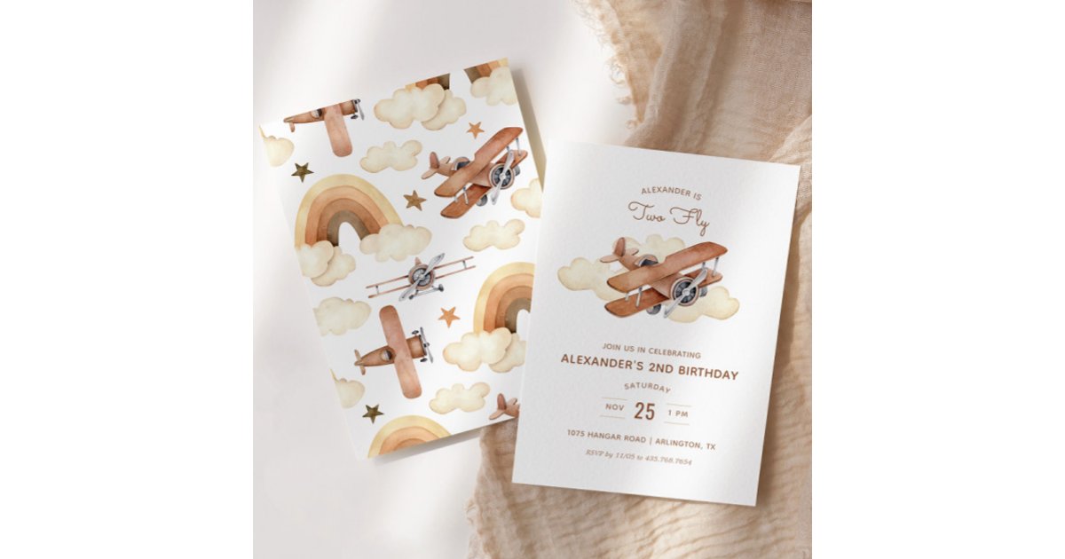 Vintage Aircraft Biplane Two Fly Birthday Invitation | Zazzle