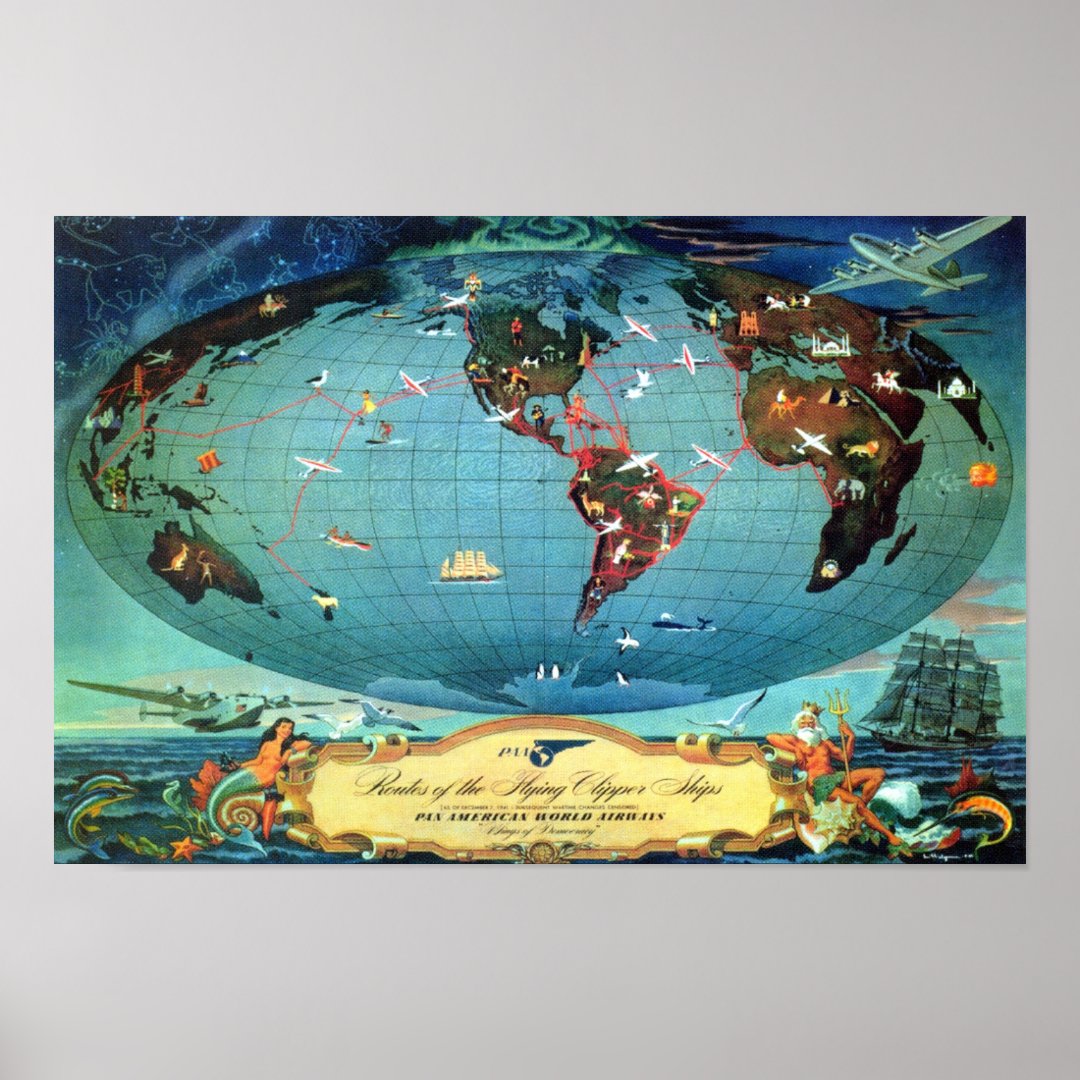 Vintage Airline Route World Map Travel Poster | Zazzle