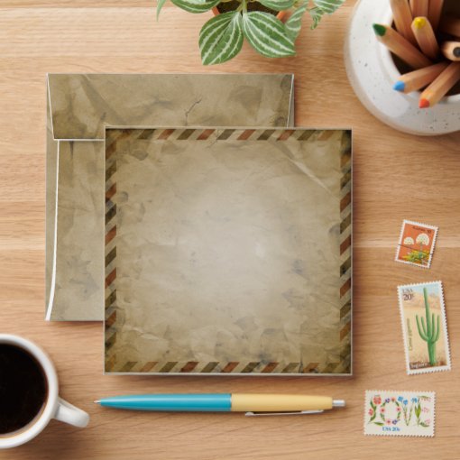 Vintage Airmail with Aged Paper Lining Square Envelope | Zazzle