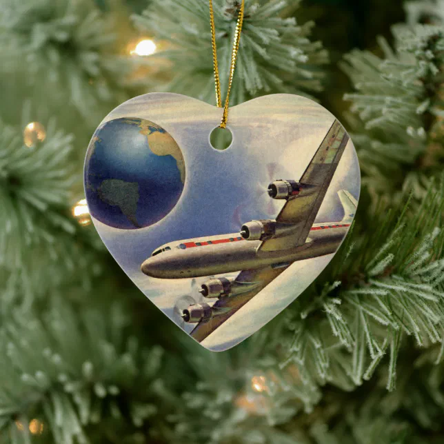 Vintage Airplane Flying Around the World in Clouds Ceramic Ornament ...