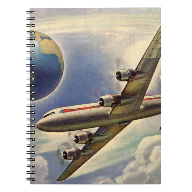 Vintage Airplane Flying Around the World in Clouds Notebook | Zazzle