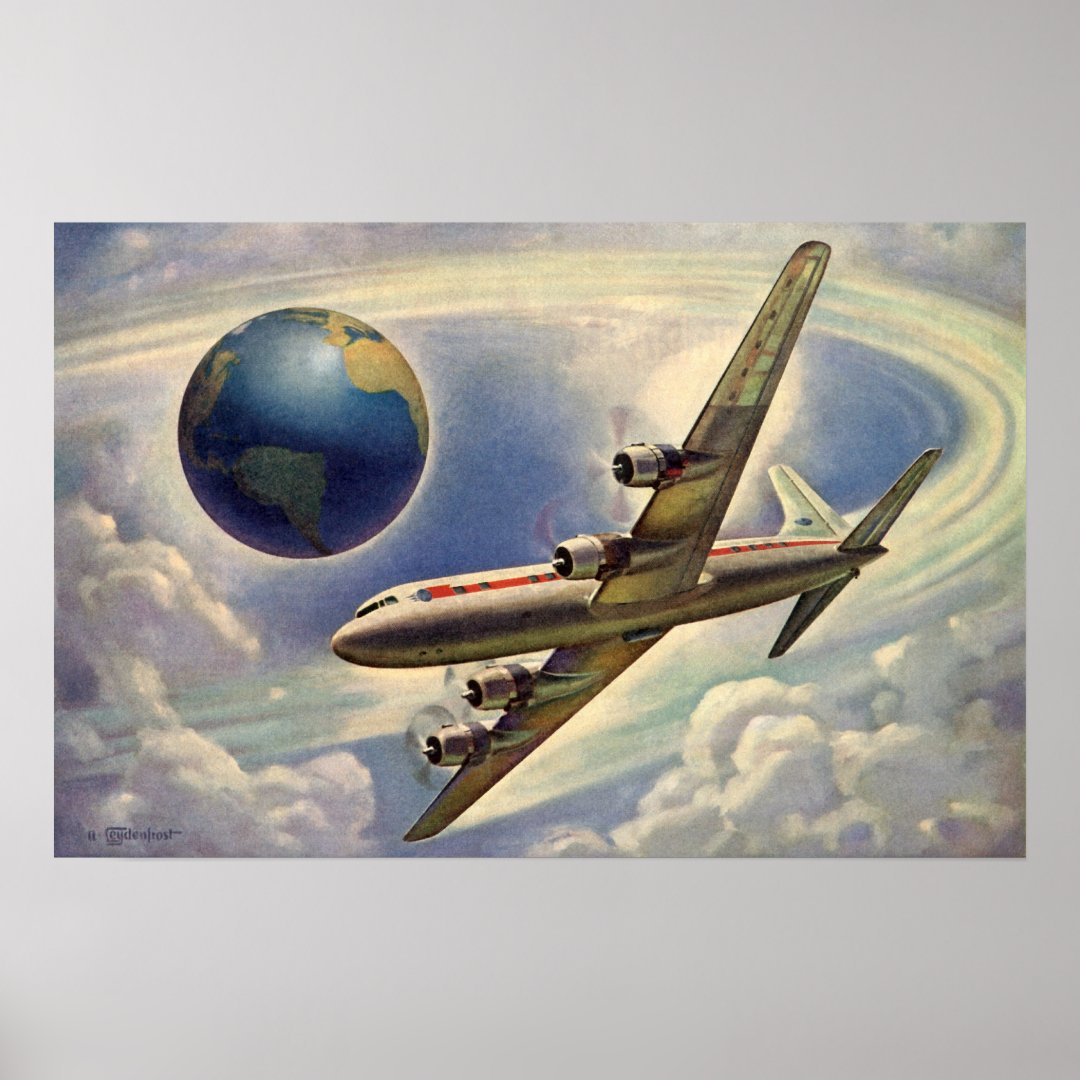Vintage Airplane Flying Around the World in Clouds Poster | Zazzle