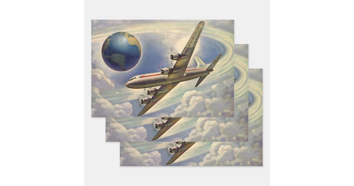 Vintage Airplane Flying Around the World in Clouds Wrapping Paper ...