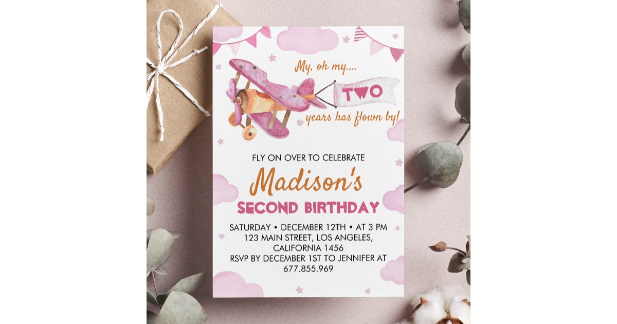 Vintage Airplane Pink Girl Birthday Invitation | Zazzle