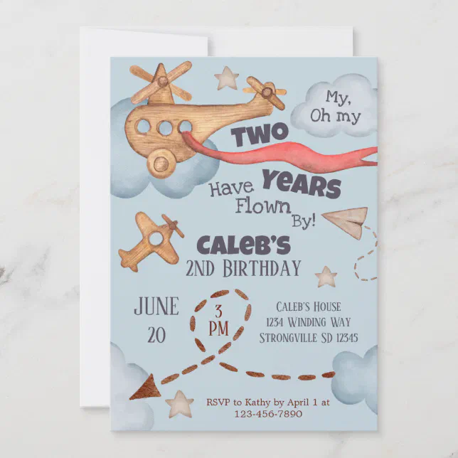 Vintage Airplane Time Flies Blue Birthday Invitation | Zazzle