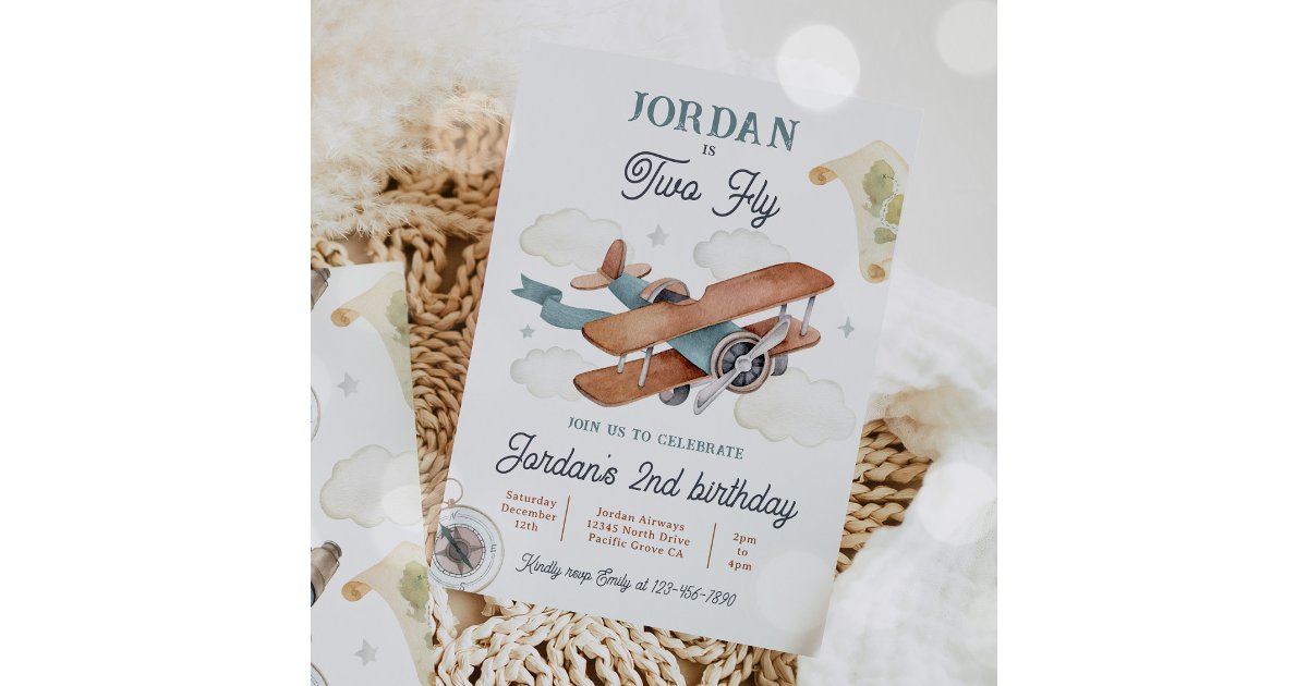 Vintage Airplane Two Fly Travel 2nd Birthday Party Invitation | Zazzle