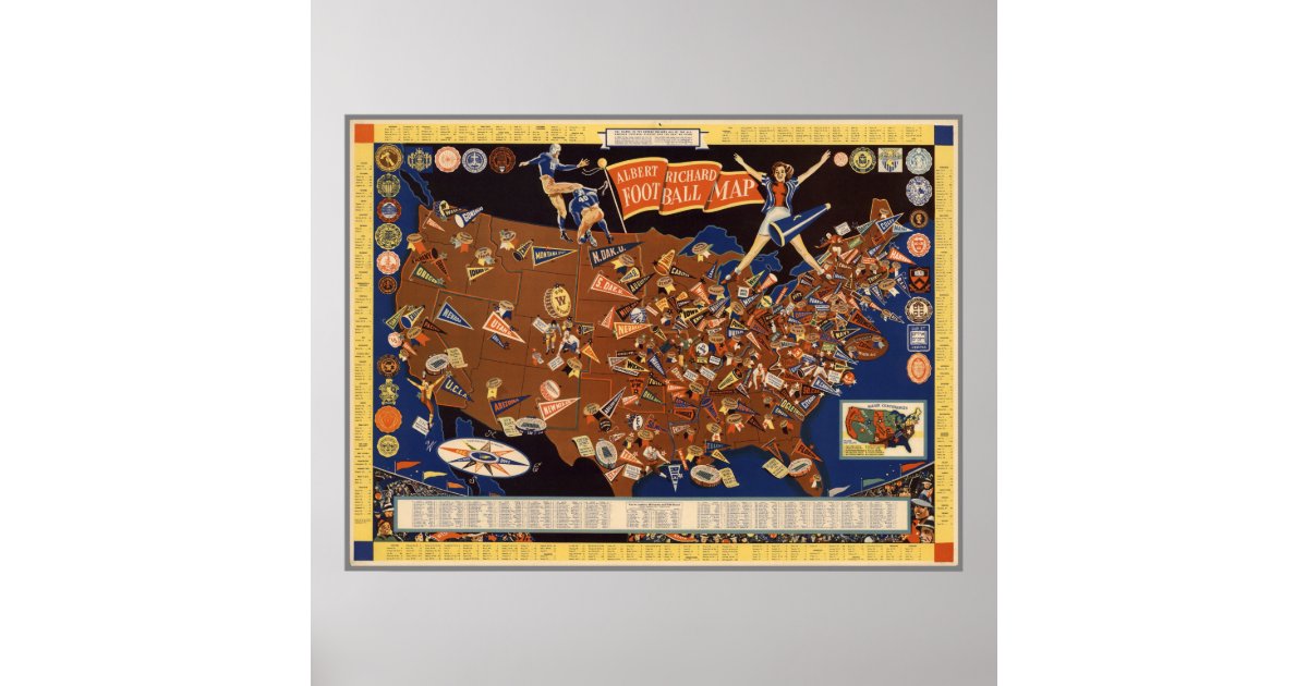 Vintage Albert Richard College Football Map Poster | Zazzle