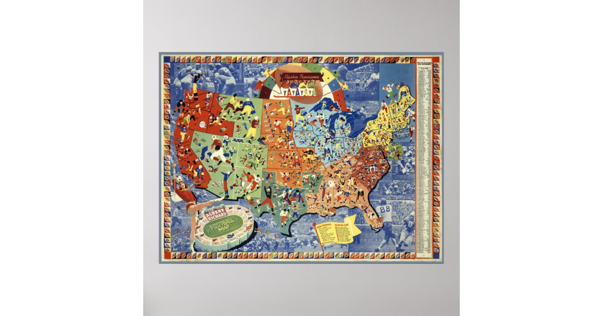 Vintage Albert Richard College Football Map Poster | Zazzle