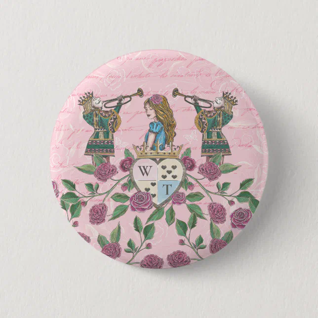 Vintage Alice In Wonderland Roses & Monogram Crest Button | Zazzle