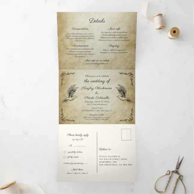 Vintage all in one wedding Tri-Fold invitation | Zazzle