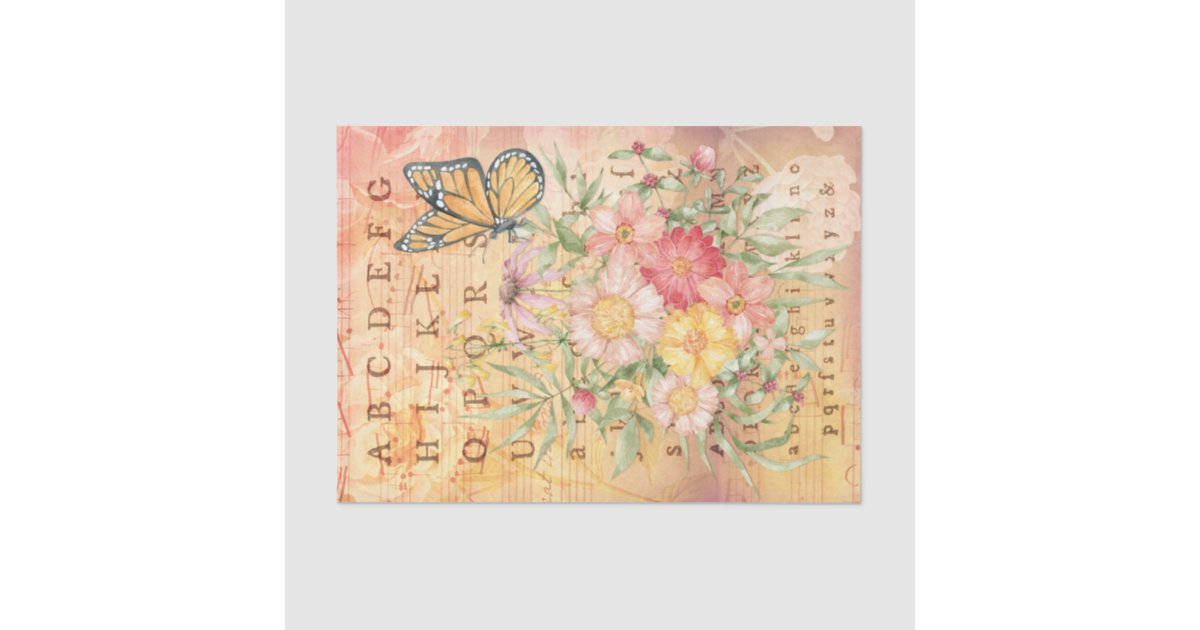 Vintage Alphabet Floral Butterfly Decoupage Tissue Tissue Paper | Zazzle