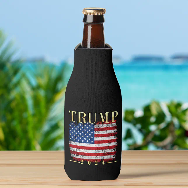 Vintage American Flag Gold Trump 2024 Bottle Cooler | Zazzle