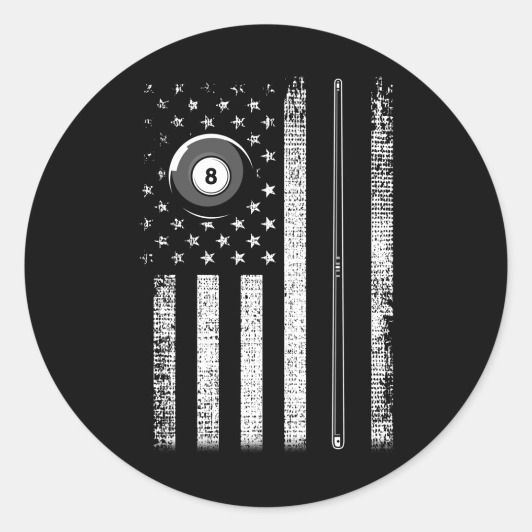 Vintage American Flag Pool Stick Billiards 8 Ball Classic Round Sticker ...