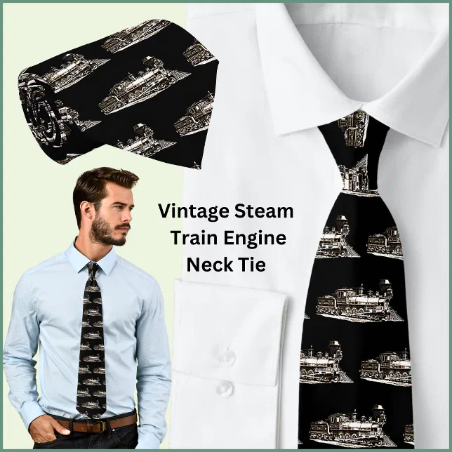 Vintage American Steam Train Locomotive on Black Neck Tie | Zazzle