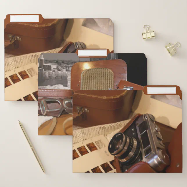 Vintage analog camera in leather brown case file folder | Zazzle