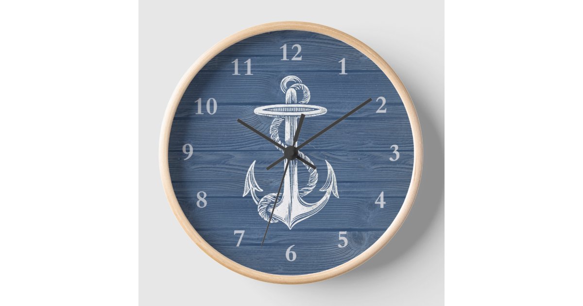 Vintage Anchor Rustic Blue Wood Wall Clock | Zazzle
