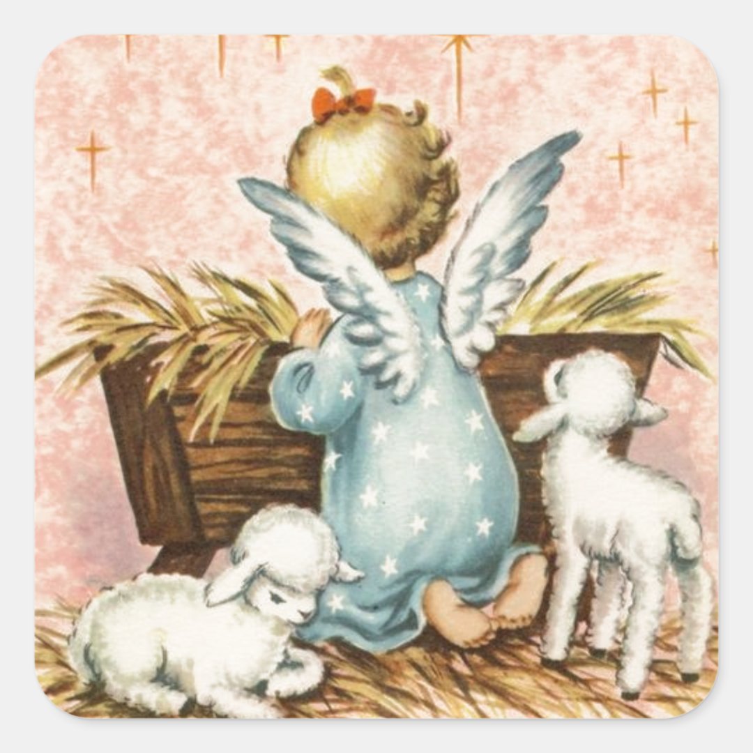 Vintage Angel and Lambs Sitting By A Manger Square Sticker | Zazzle