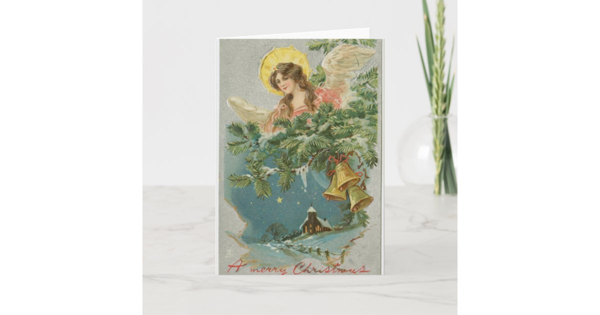 Vintage angel bells christmas greeting card | Zazzle