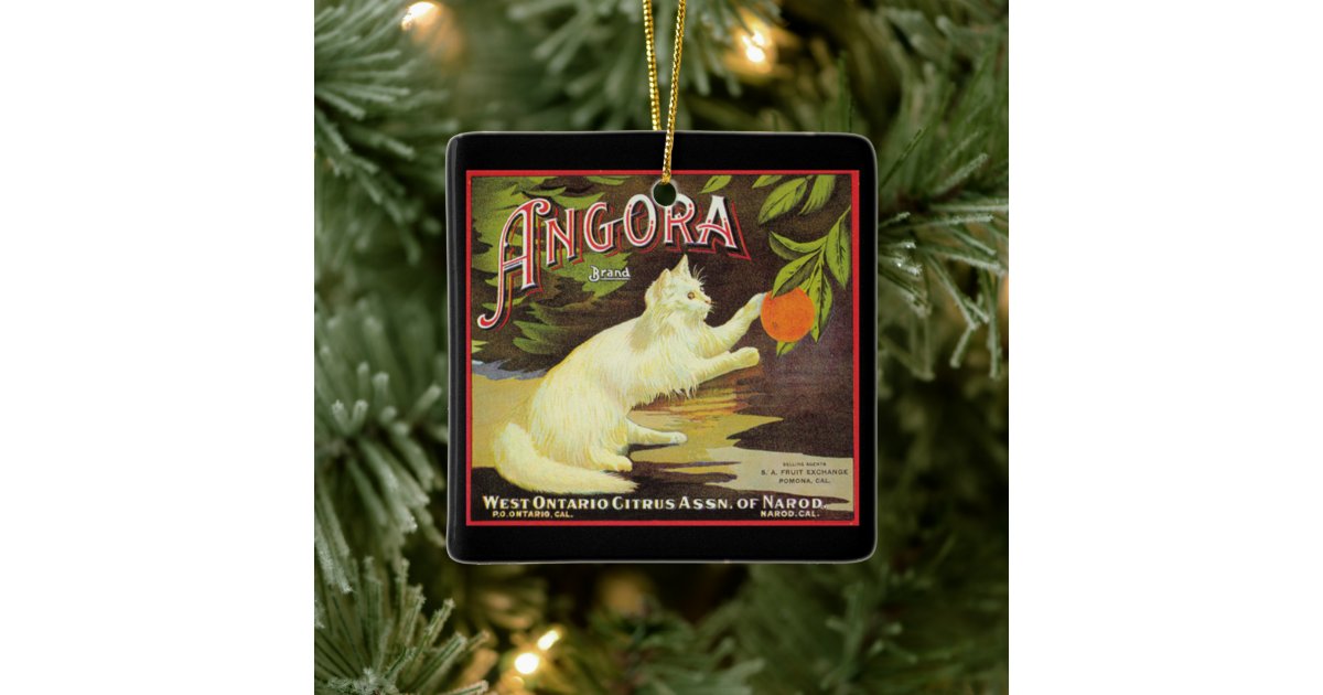 Vintage Angora White Cat Citrus Fruit Label Ceramic Ornament | Zazzle