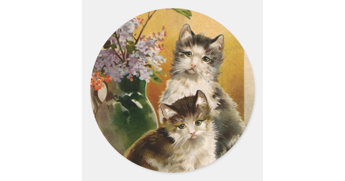 Vintage Animals, Cute Victorian Cats and Flowers Classic Round Sticker ...