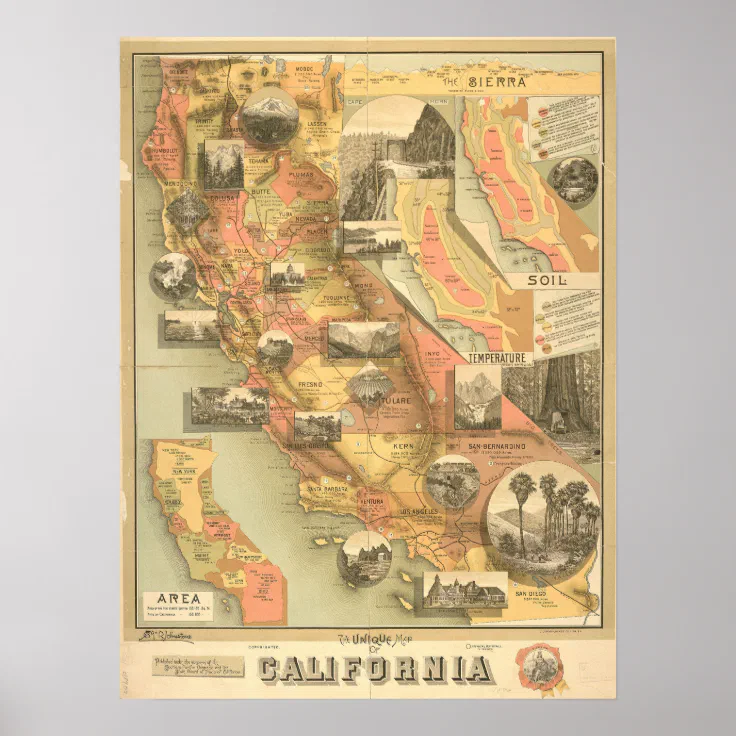 Vintage, Antique Map Of California, Retro Poster | Zazzle