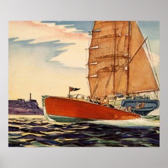 Vintage Antique Sailboat Motor Boat Ocean Wave Poster | Zazzle