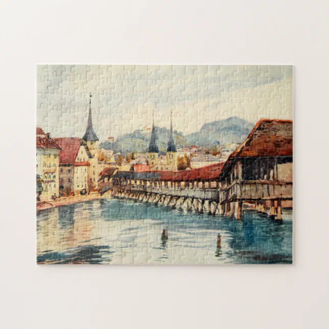 Vintage Antique Switzerland Lucerne Chapel Bridge Jigsaw Puzzle | Zazzle