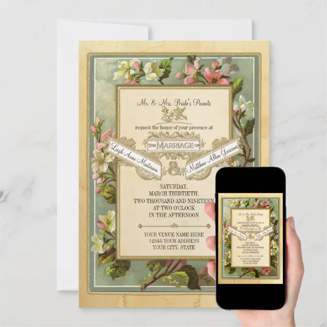 Vintage Apple Blossom, Tea Stained Typography Invitation | Zazzle