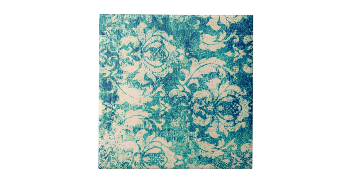 Vintage Aqua Grunge Damask Pattern Tile | Zazzle