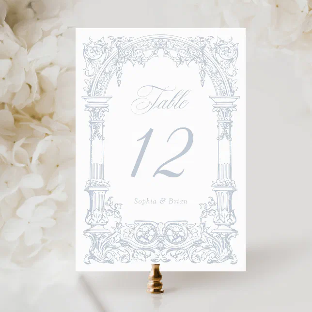 Vintage Arch Vines Frame Dusty Blue Wedding Table Number | Zazzle