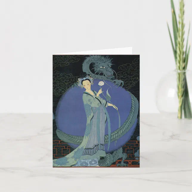 Vintage Art Deco Lady and Dragon Note Card | Zazzle