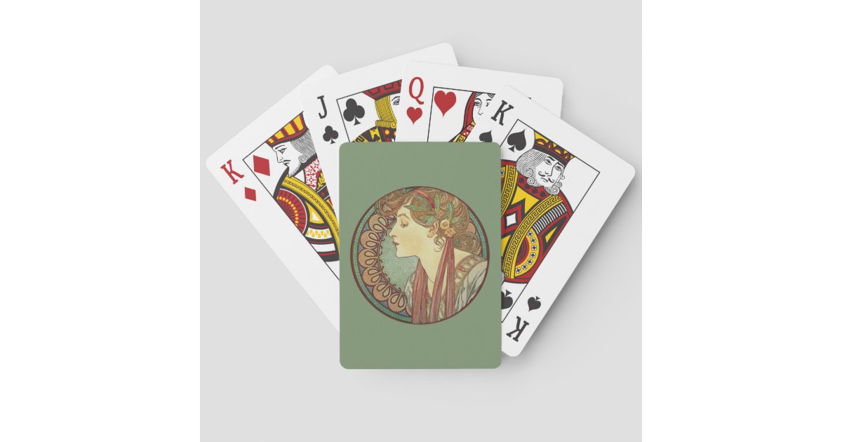Vintage Art Deco Lady Green Mosaic Tiles Leaves Poker Cards | Zazzle