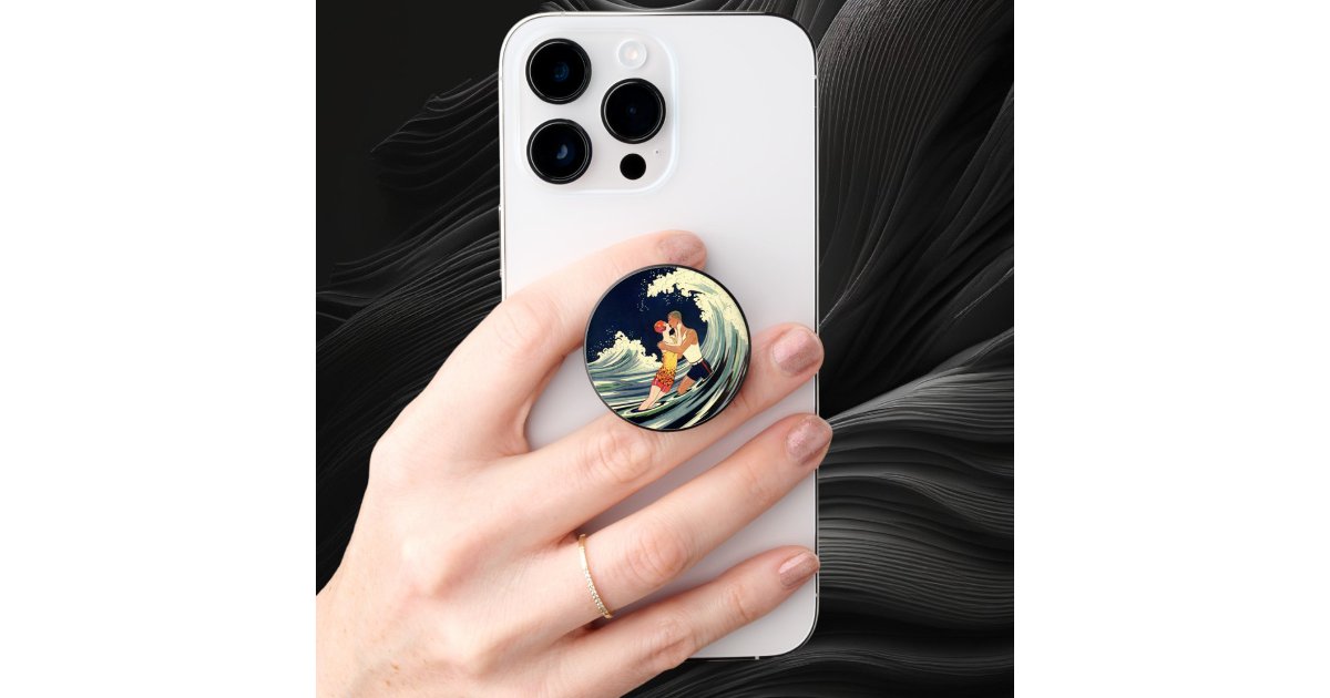 Vintage Art Deco Lovers Kiss in the Waves at Beach PopSocket | Zazzle
