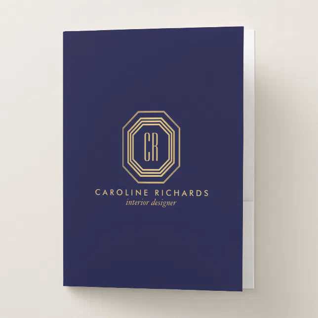 Vintage Art Deco Monogram Gold/Navy Blue Pocket Folder | Zazzle