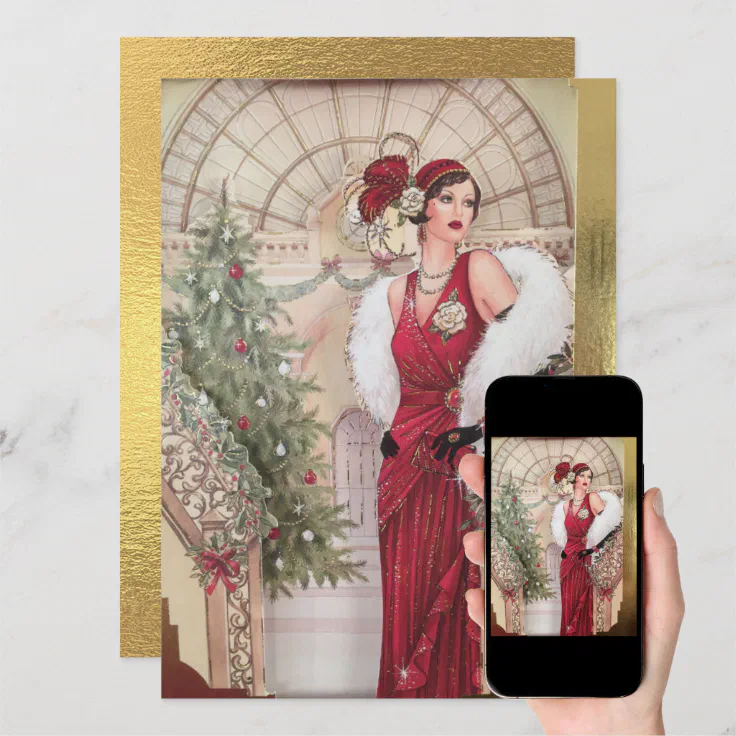 Vintage Art Deco Woman Christmas Holiday Card | Zazzle